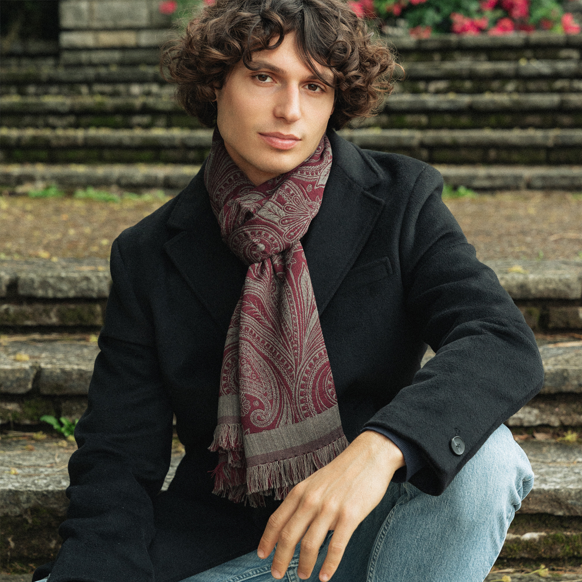 Men’s red burgundy wool and silk blend scarf, classic paisley pattern.