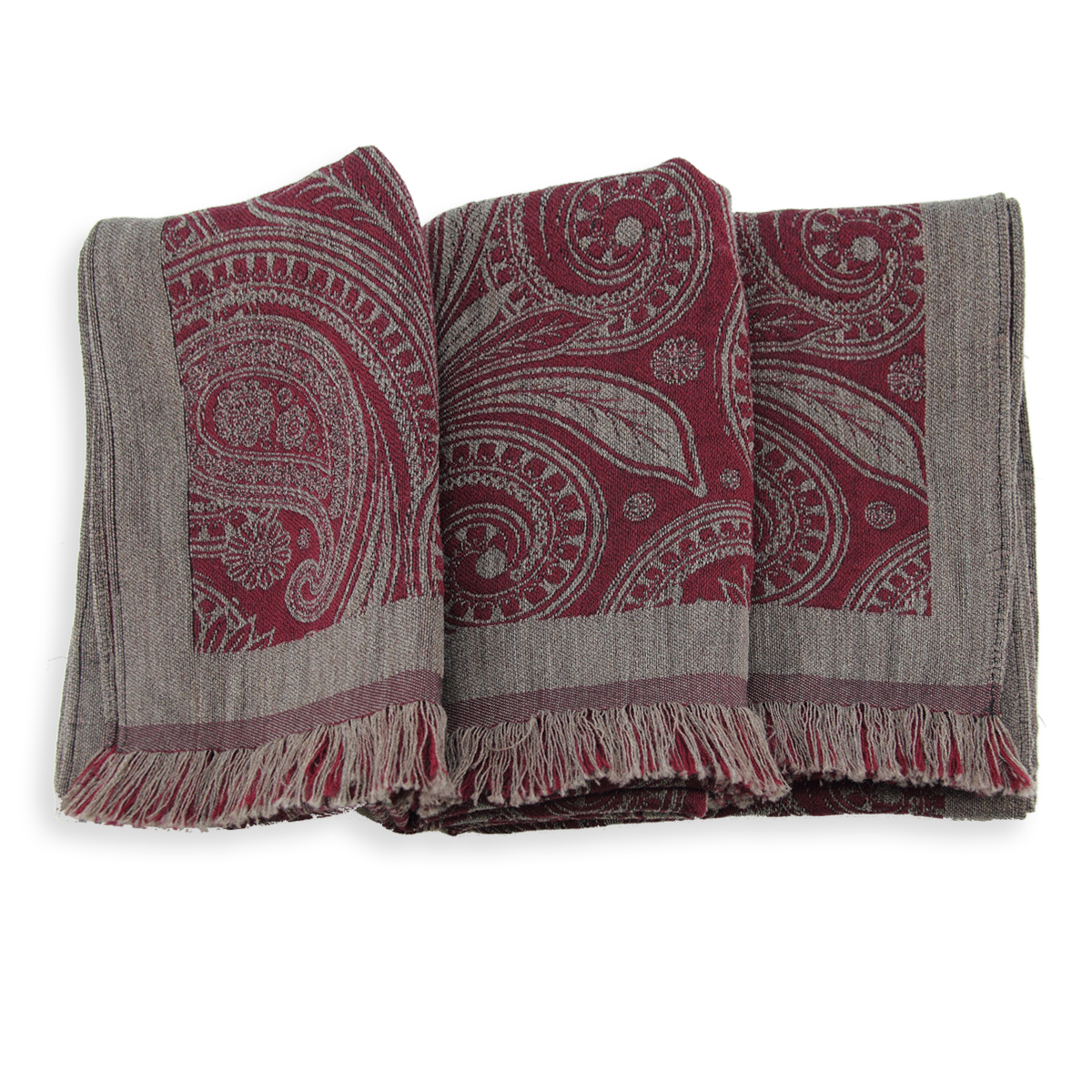 Men’s red burgundy wool and silk blend scarf, classic paisley pattern.