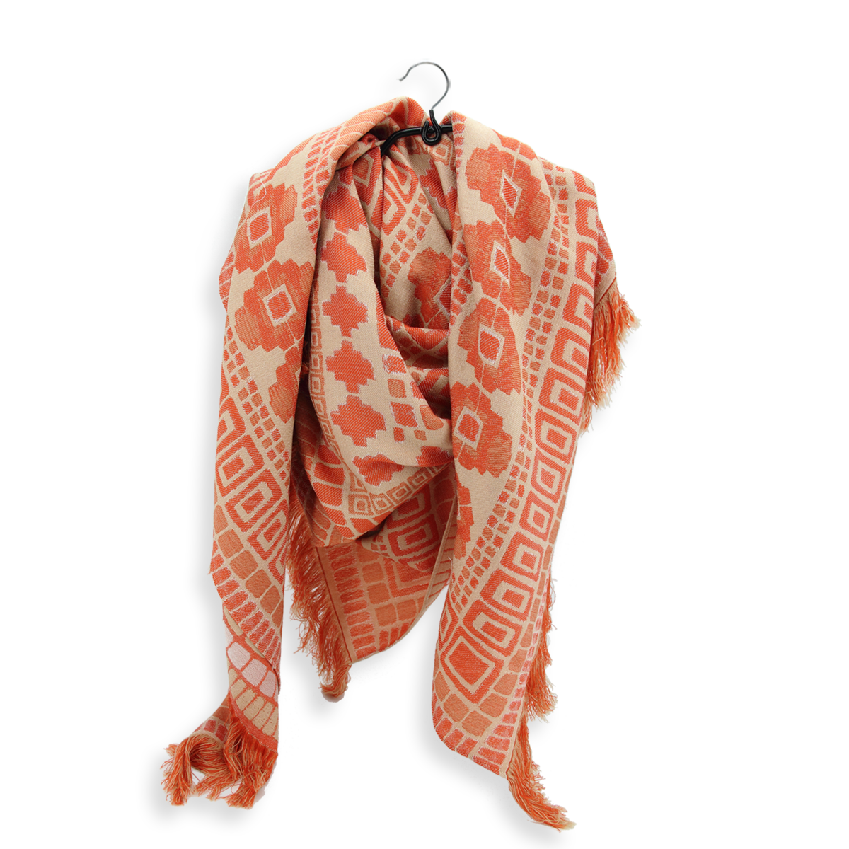 Large women's stole made of Merino wool, ethnic design realized in orange.